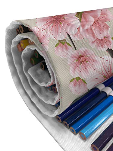 Ambesonne Cherry Blossom Roll Up Pencil Holder, Random Arrangement of Pastel Colored Blooming Sakura Flower, Painting Drawing Pencils Case for Artists Students, 72 Loops, Rose Eggshell