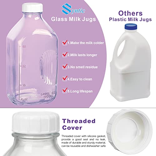 3 Pack 2 Qt Glass Milk Bottles with Airtight Reusable SCREW LID - 64 Oz Glass Juice Bottles, 1/2 Gal Glass Water Bottles, Glass Milk Jug Pitcher with 2 Exact Scale Line, Extra Free 3 Lid and 6 Handle!