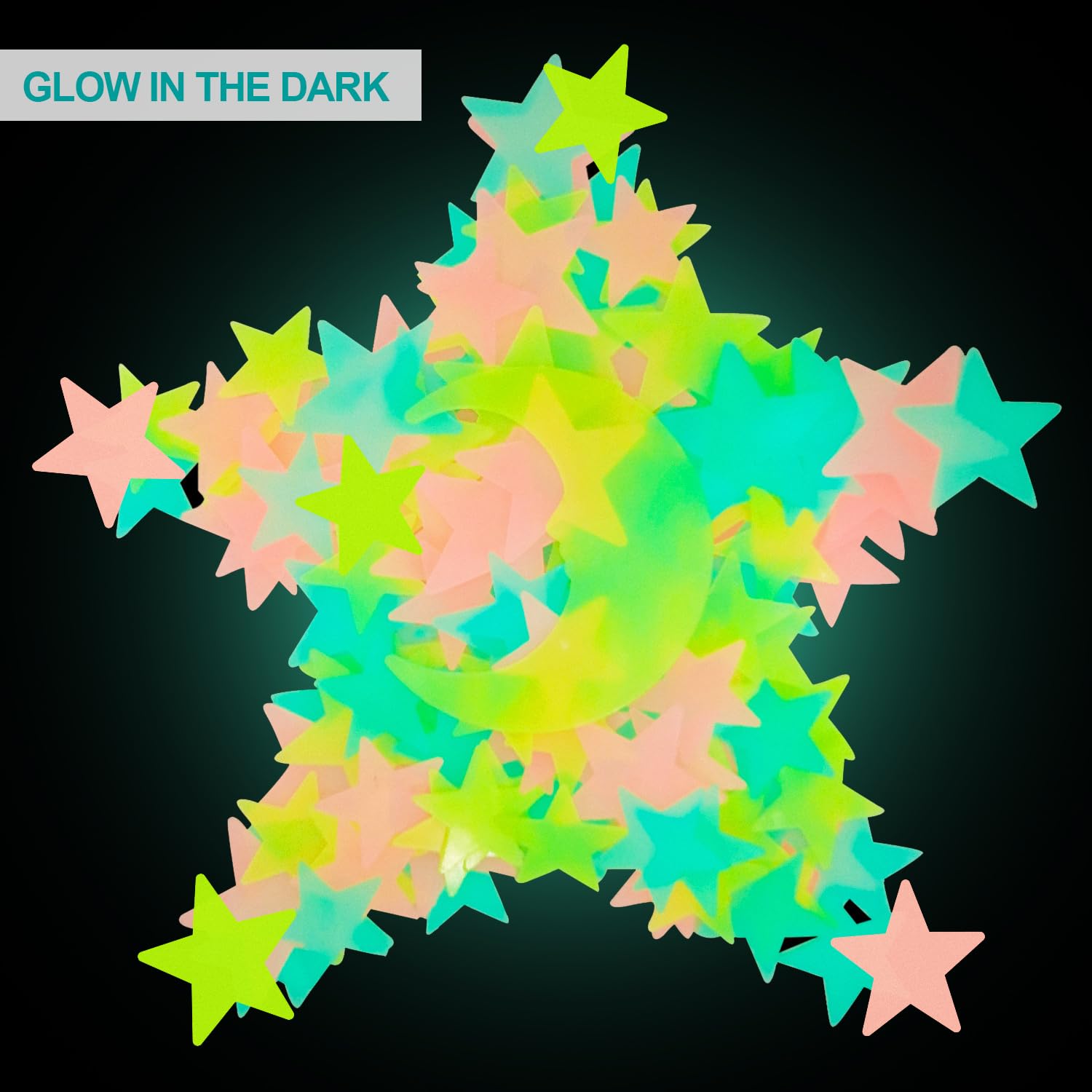 150pcs Glow in The Dark Ceiling Stars, Mixed Colour Superbright Plastic Stars Wall Decor, Removable Reusable Wall Sticker Murals Decoration for Nursery Room Decor for Children