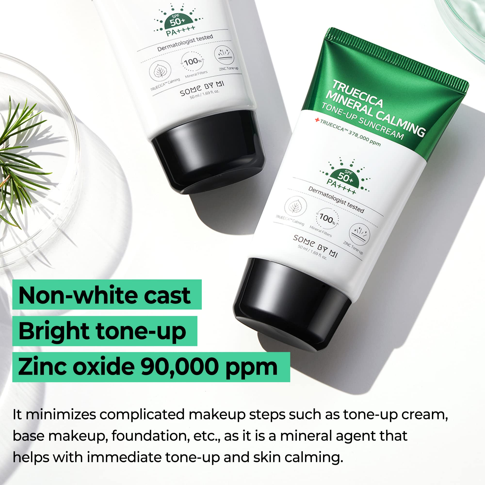 SOME BY MI Truecica Mineral Calming Tone-Up Suncream / SPF50+, PA++++ / 1.69Oz, 50ml / Brightening and Calming Effect/Mild Sun and UV Protection Sunscreen for Sensitive Skin