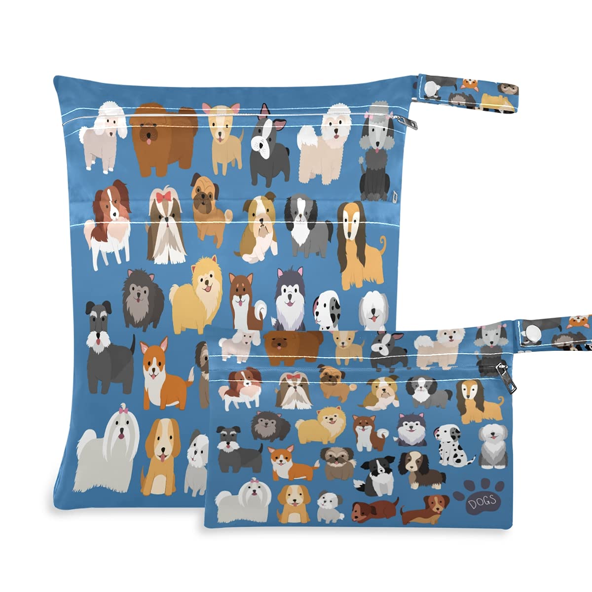Dog Puppy Wet Dry Bags Animal Paw Print Waterproof Baby Cloth Diaper Bags with Two Zippered Pockets Beach Travel Bag for Swimsuit&Wet Cloth 2pcs