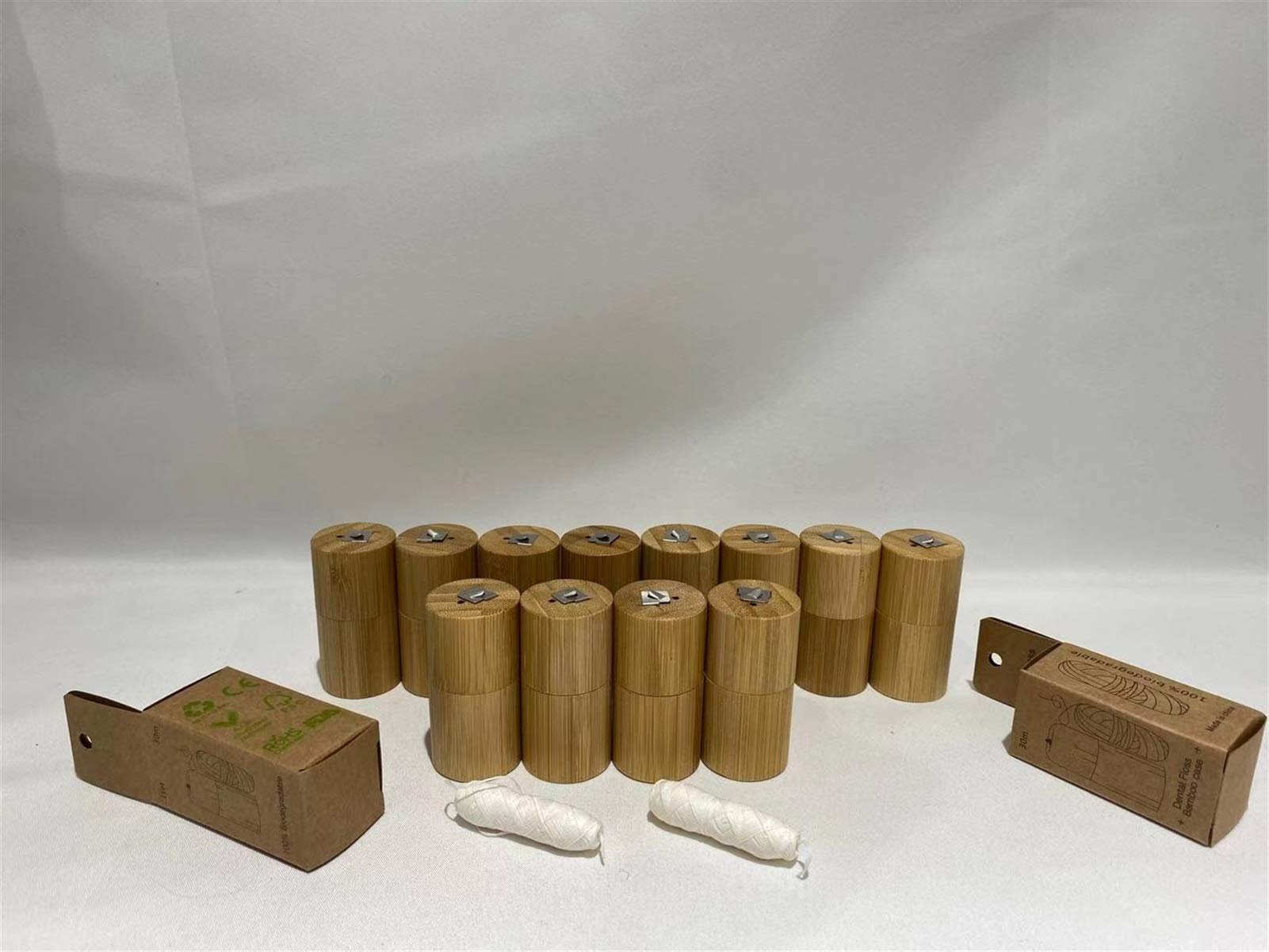 Dental Floss threaders 12PCS Biodegradable bamboo charcoal dental floss with refillable bamboo container | Free refill | Natural candle wax | 30M x 12| Corn and charcoal floss, | Environmental protect