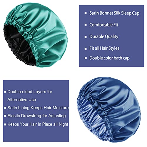 2Pack Satin Bonnet for Sleeping Silk Bonnet Hair Bonnets Cap, Double use Extra Large Double Layer Reversible Adjustable, Sleep Bonnet Used to Keep Hair Dry During Sleep. Green-Blue