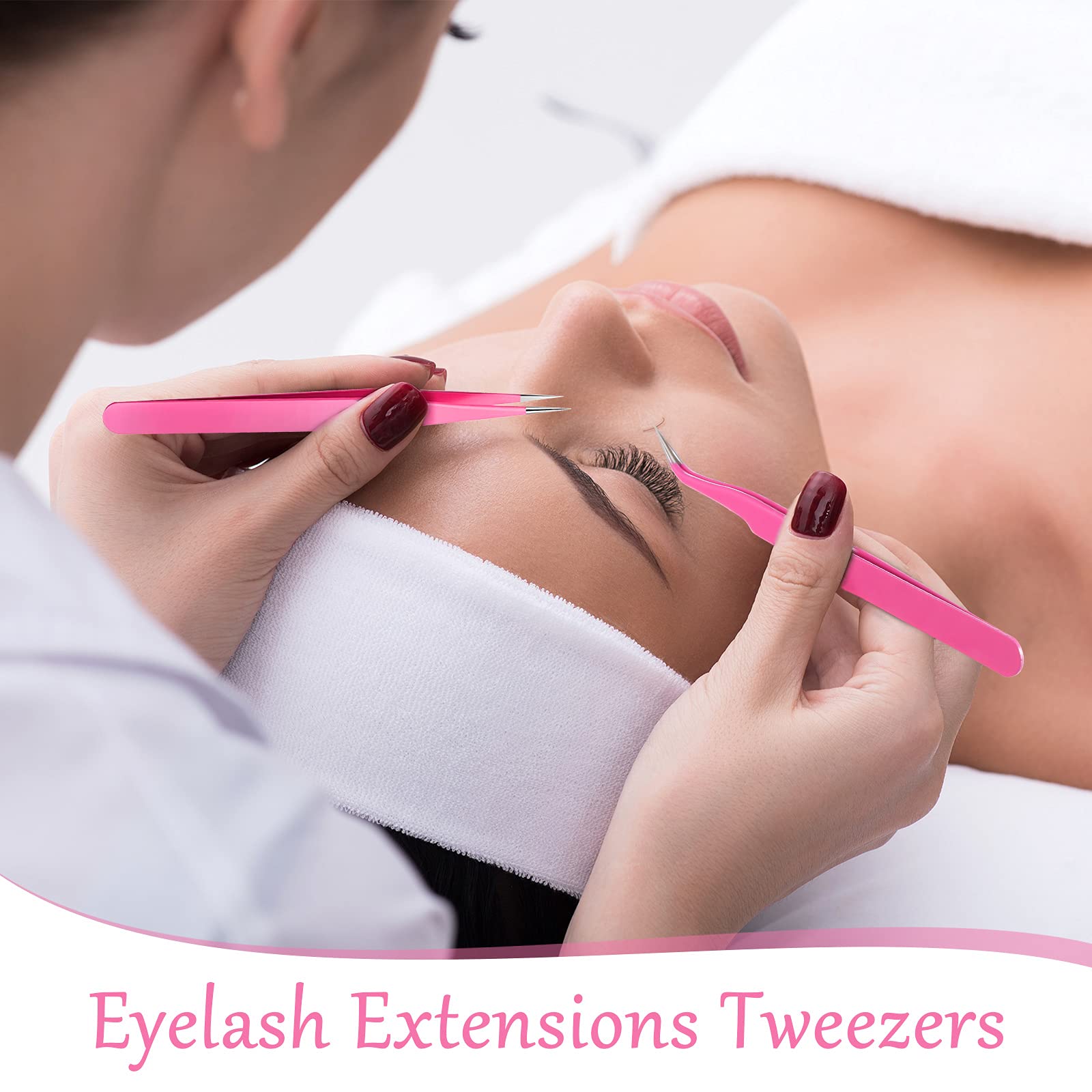 6-Pack Eyelash Extension Tweezers, Stainless Steel Straight Curved Tip Tweezers Single Eyelash False Eyelash Application Tools(Pink)
