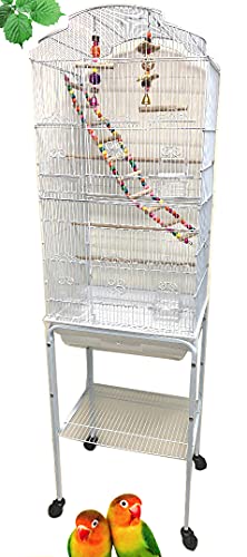 62" Rolling Bird Cage Canary Parakeet Cockatiel Lovebird Finch Perch with Stand (White, with Toy)