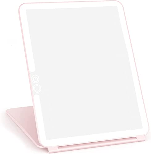 Infitrans Large Travel Makeup Mirror with Lights, 3 Colors Light Mode, Built in 1800mA Batteries Rechargable Portable Mirror,Vanity Mirror with Light Dimming Touch Sensor