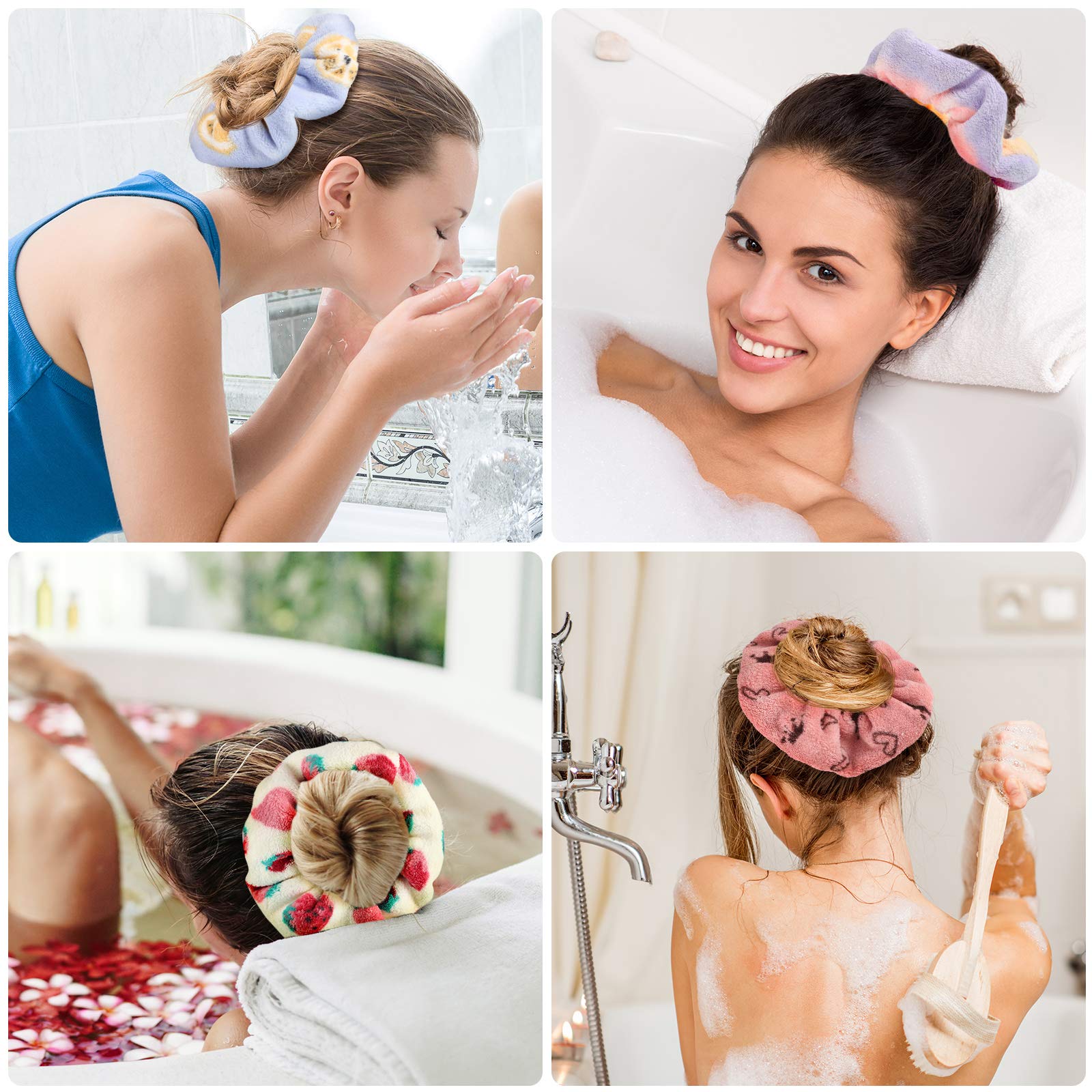 4 Pieces Large Soft Microfiber Hair Towel Scrunchies with Fuzzy Fruit-Shaped Pom Poms - Ponytail Holders for Wet and Dry Hair Styling Accessories for Women