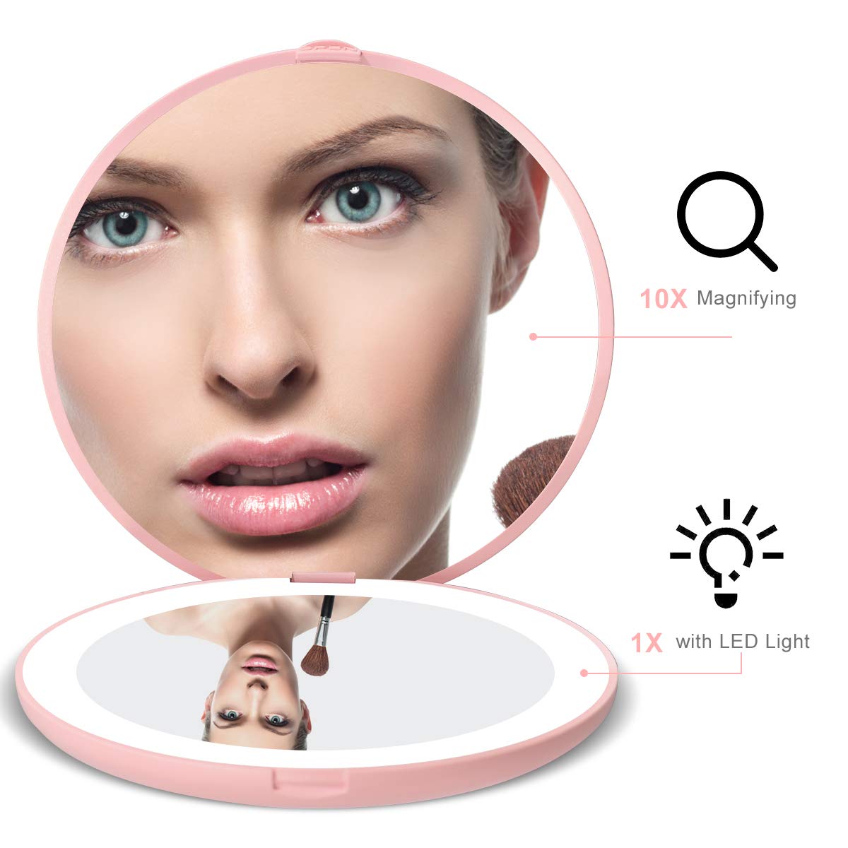 LIANGDU Lighted Compact Mirror with Magnification, 10x Magnifying LED Mini Mirror with Light for Travel and Purse, Pocket Makeup Mirror 3.5 inch Portable Folding Mirror, Women Birthday Gift