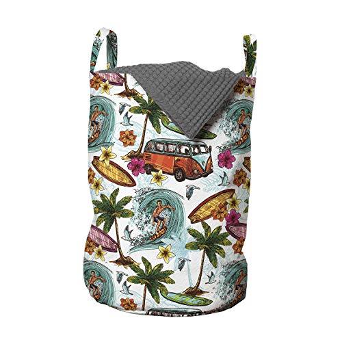 Ambesonne Ocean Organizer Fabric Hamber Basket Bag for Dorm & Laundry Room Organization Hawaiian Surfer Wavy Deep Sea Retro Palms Flowers Print Sturdy Handles Drawstring Closure 13" x 19" Multicolor