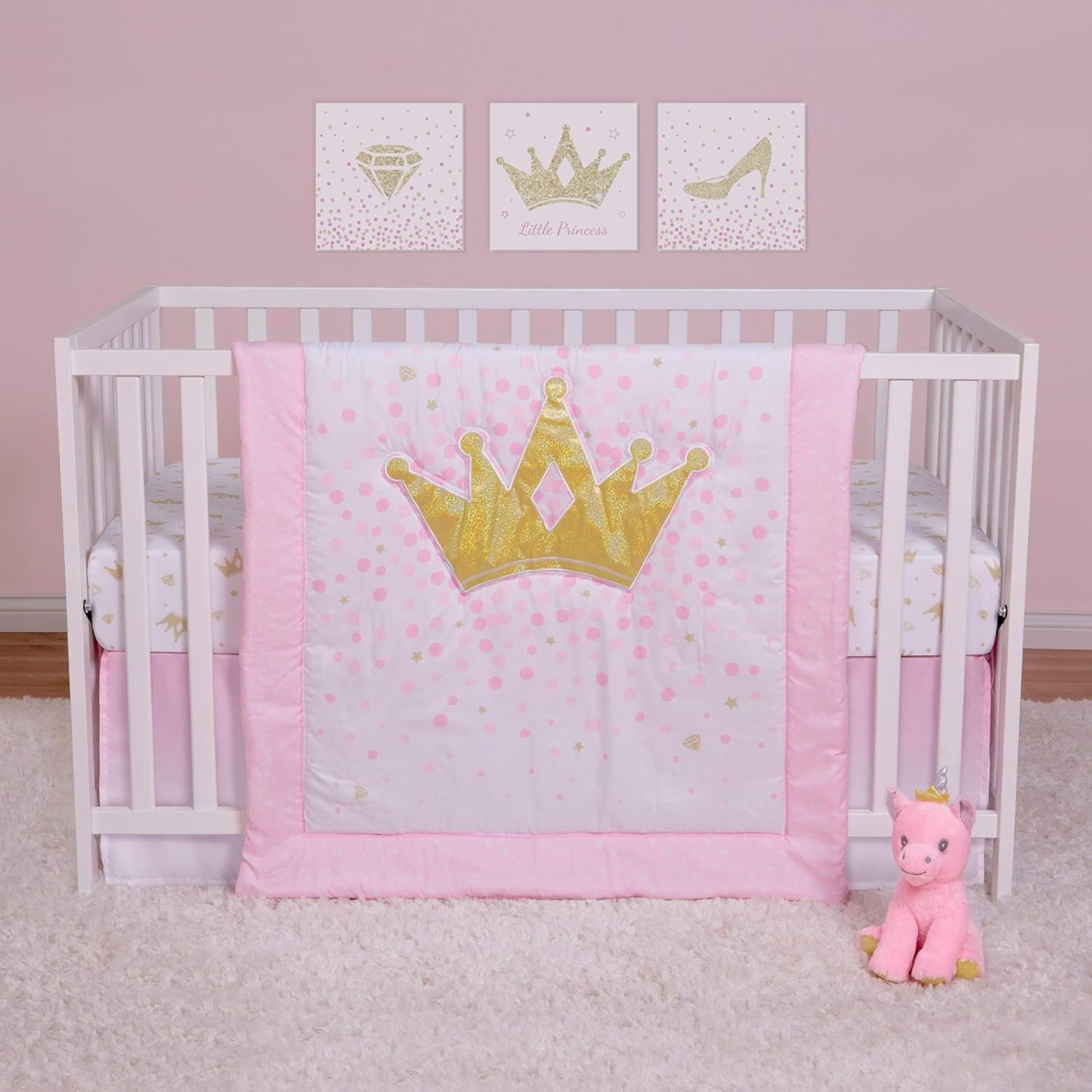 Sammy & Lou Tiara Princess 4-Piece Baby Nursery Crib Bedding Set for Girls, Includes Quilt, Fitted Crib Sheet, Crib Skirt, and Plush Toy