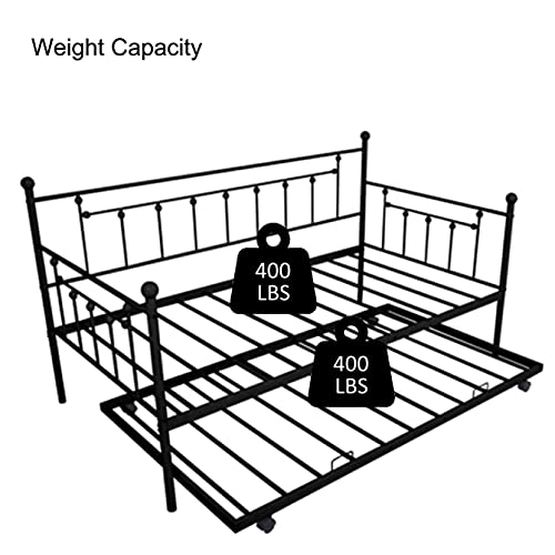 Daybed with Trundle Bed for Kids Teens Adults,Metal Twin Size Daybed with Pullout Trundle for Window Living Room, No Box Spring Needed (Black)