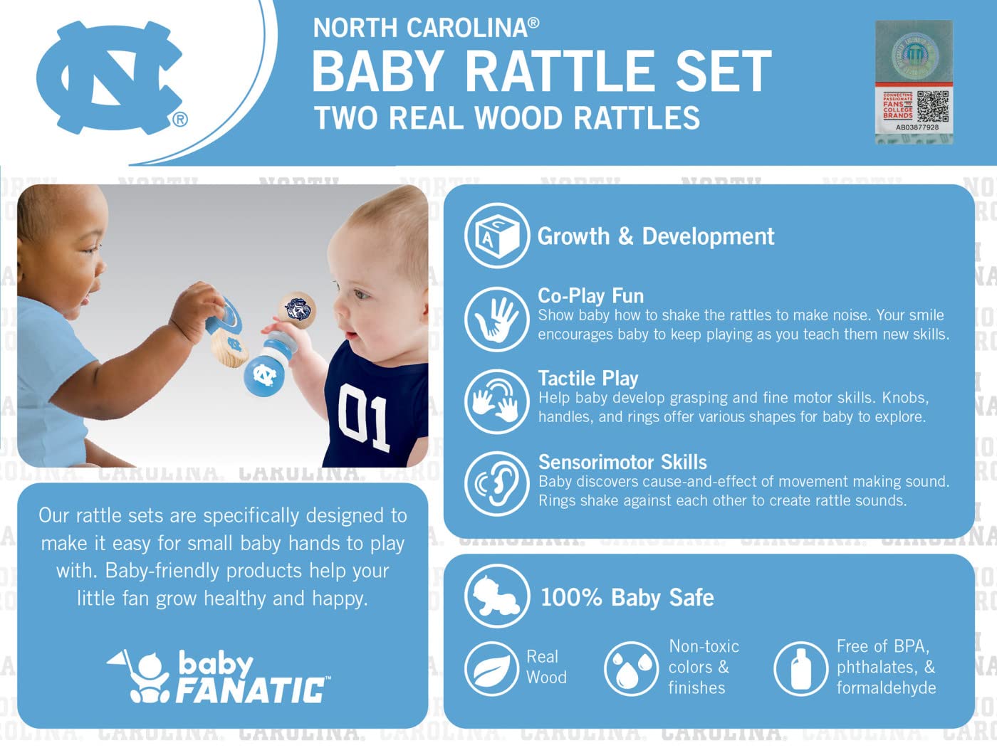 BabyFanatic Wood Rattle 2 Pack - NCAA UNC Tar Heels - Officially Licensed Baby Toy Set