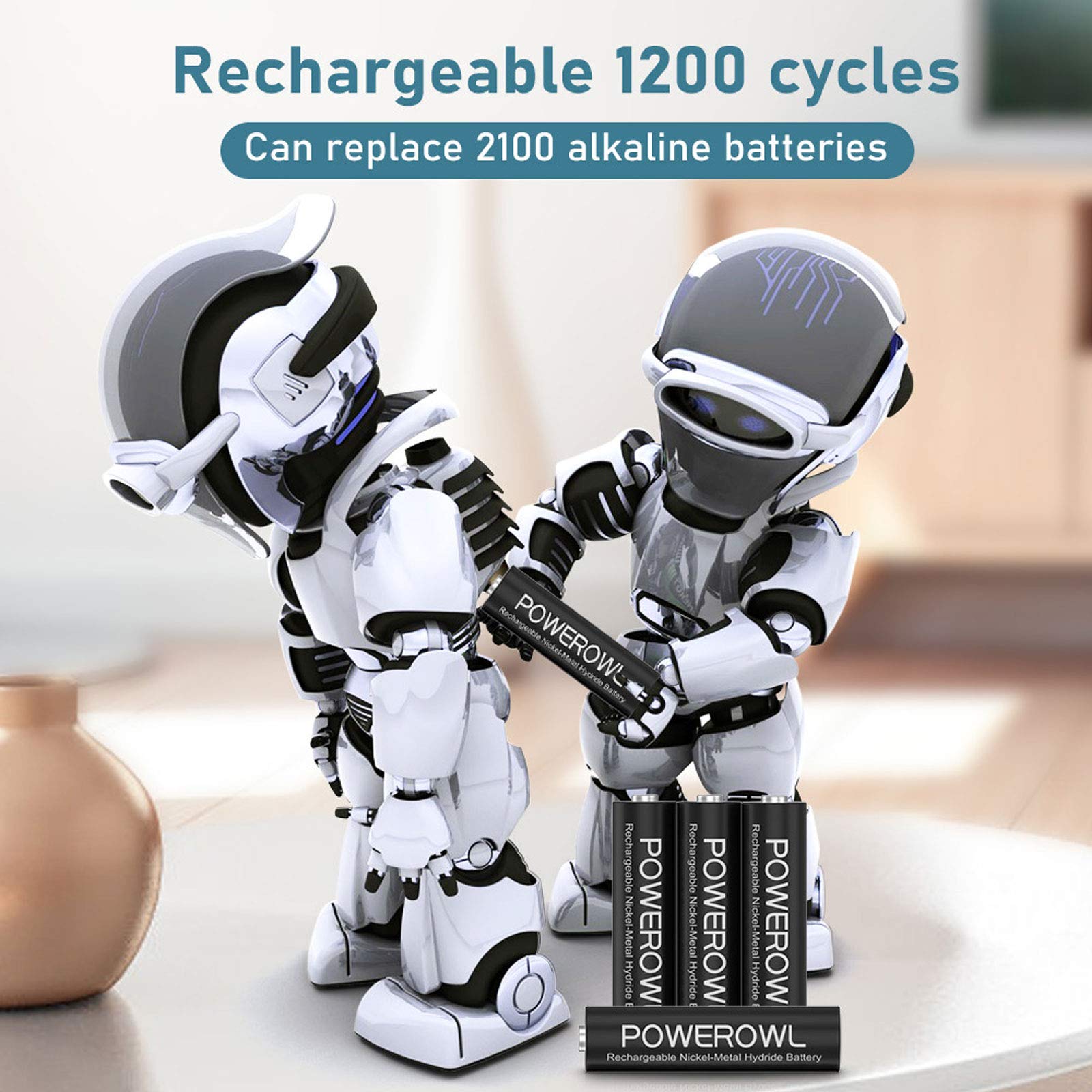 POWEROWL 2800mAh Rechargeable AA Batteries with Smart 8 Bay Battery Charger, Low Self Discharge Ni-MH Double A Batteries, 8 Count
