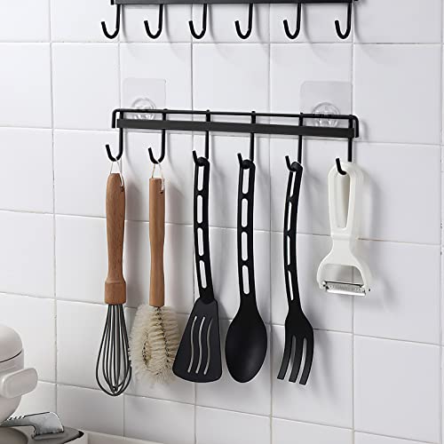 2 Pack Kitchen Adhesive Wall Hooks Rack Rail,Spoon Hanger for Kitchen Hanging Spatulas Measuring Spoons Space Saving No Drilling Hanger with 6 Hooks for Bathroom Bedroom Closet(Black)