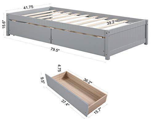 Twin Size Platform Bed with 2 Storage Drawers,Twin Bed Frame with Storage, Solid Wood Daybed with No Headboard for Kids Teen Grils Boys,Easy Assembly (Gray)
