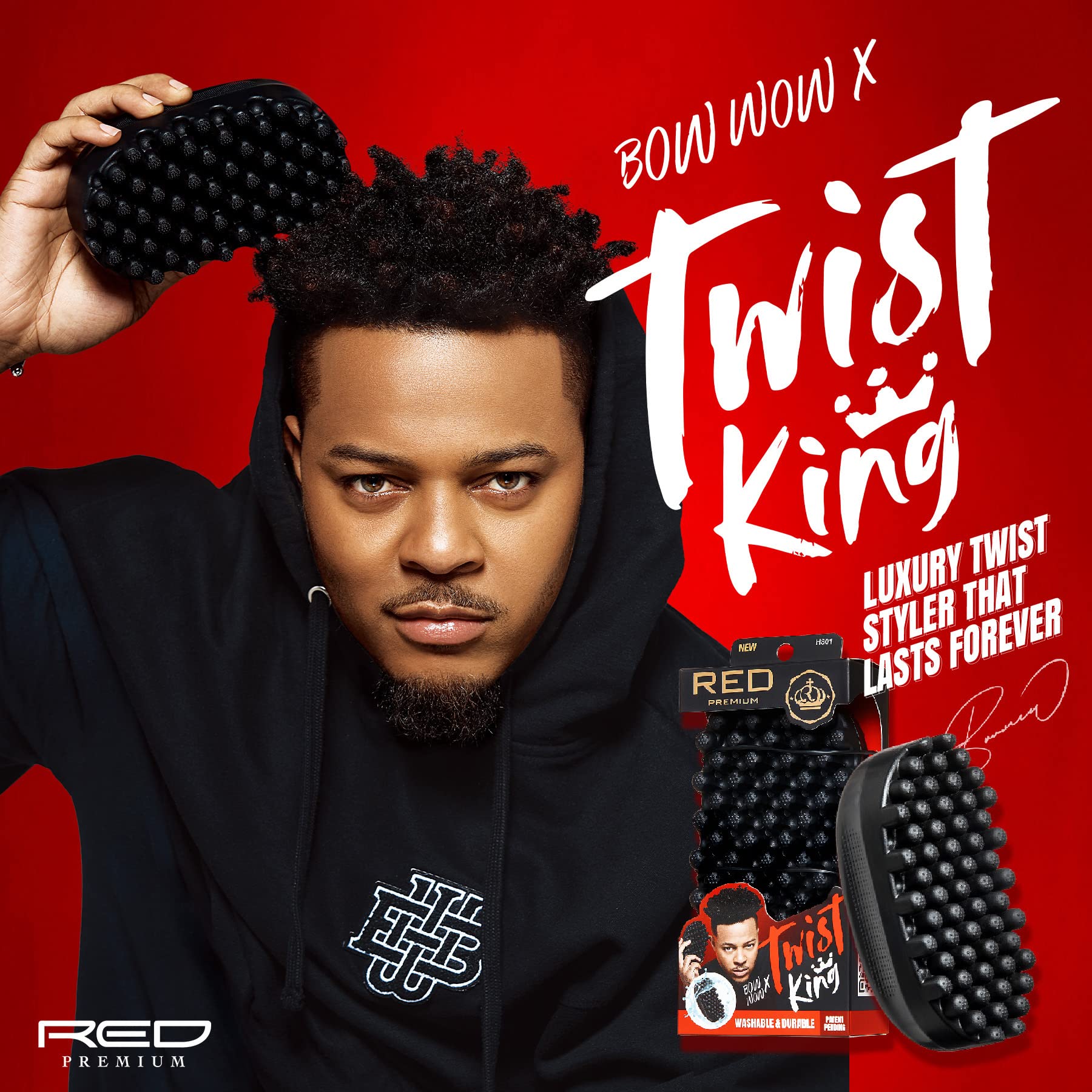 RED by Kiss Bow Wow X Twist King -Premium Luxury Twist Styler Brush, Durable Washable Afro Curl Sponge Racket for Barbers and Daily Use, Ideal for Curly, Coiled, 4C Hair