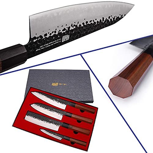 4pcs in one Kitchen Knife Set with Teak Wood Magnetic Knife Block by Findking-Dynasty series-3 layer 9CR18MOV Clad Steel W/Octagon Handle Knife Set