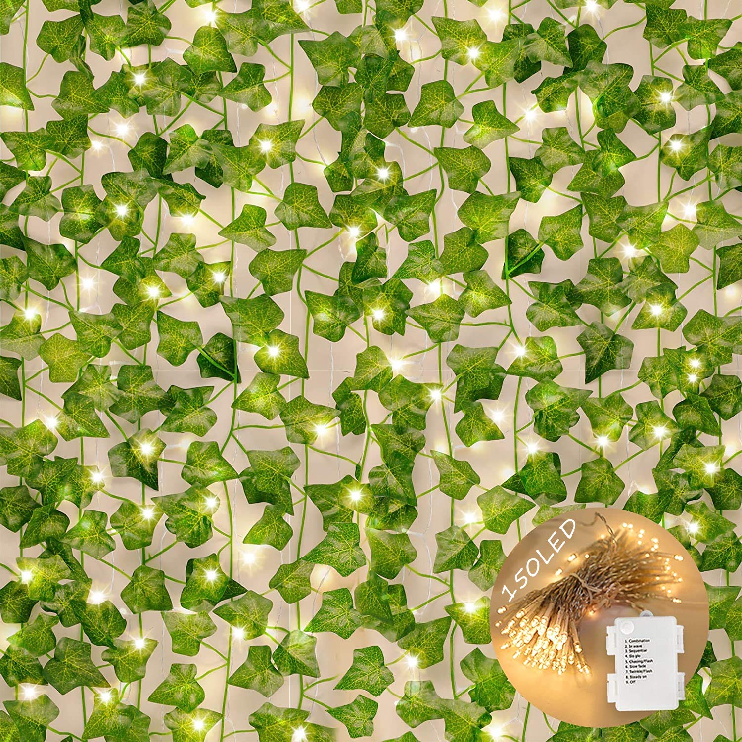 124FT 18 Pack Artificial Ivy Garland- Vine Leaves Hanging Faux Garland Fake Green Plants with 150 LEDs for Wall Garden Party Wedding Room Home Kitchen Indoor & Outdoor Decoration