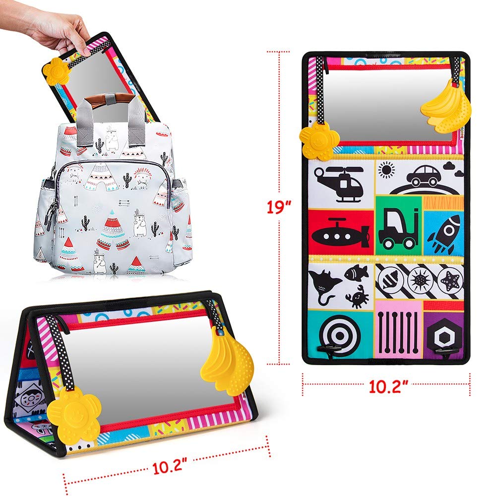beetoy Baby Tummy Time Mirror Black and White High Contrast Mirror Toys with 10 Flash Cards 2 Teether, Developmental Timmy Time Toys for Newborn Infant 0 3 6 Months Gift