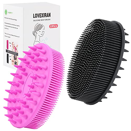 2pcs Upgrade Silicone Body Scrubber,Easy to Clean Silicone Loofah,Exfoliating Body Brush,and More Hygienic Than Traditional Loofah,Lathers Well(Black&Purple)