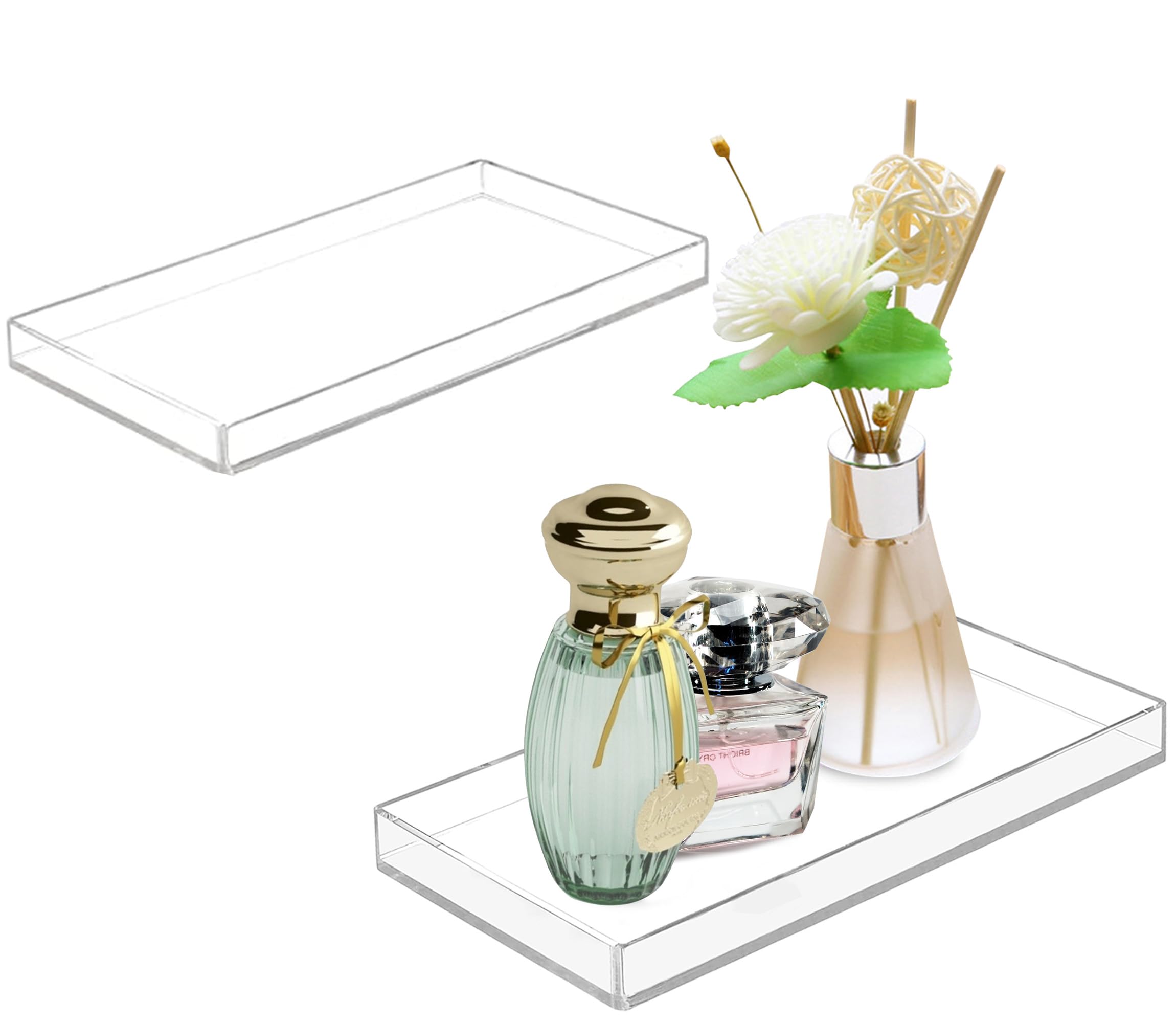 2 Pack Acrylic Tray,Vanity Tray 11.2x5.9 Inch,Acrylic BathroomTray for Counter,Clear Serving Tray for Cup, Sponge, Soap, Plant (Large, Clear)