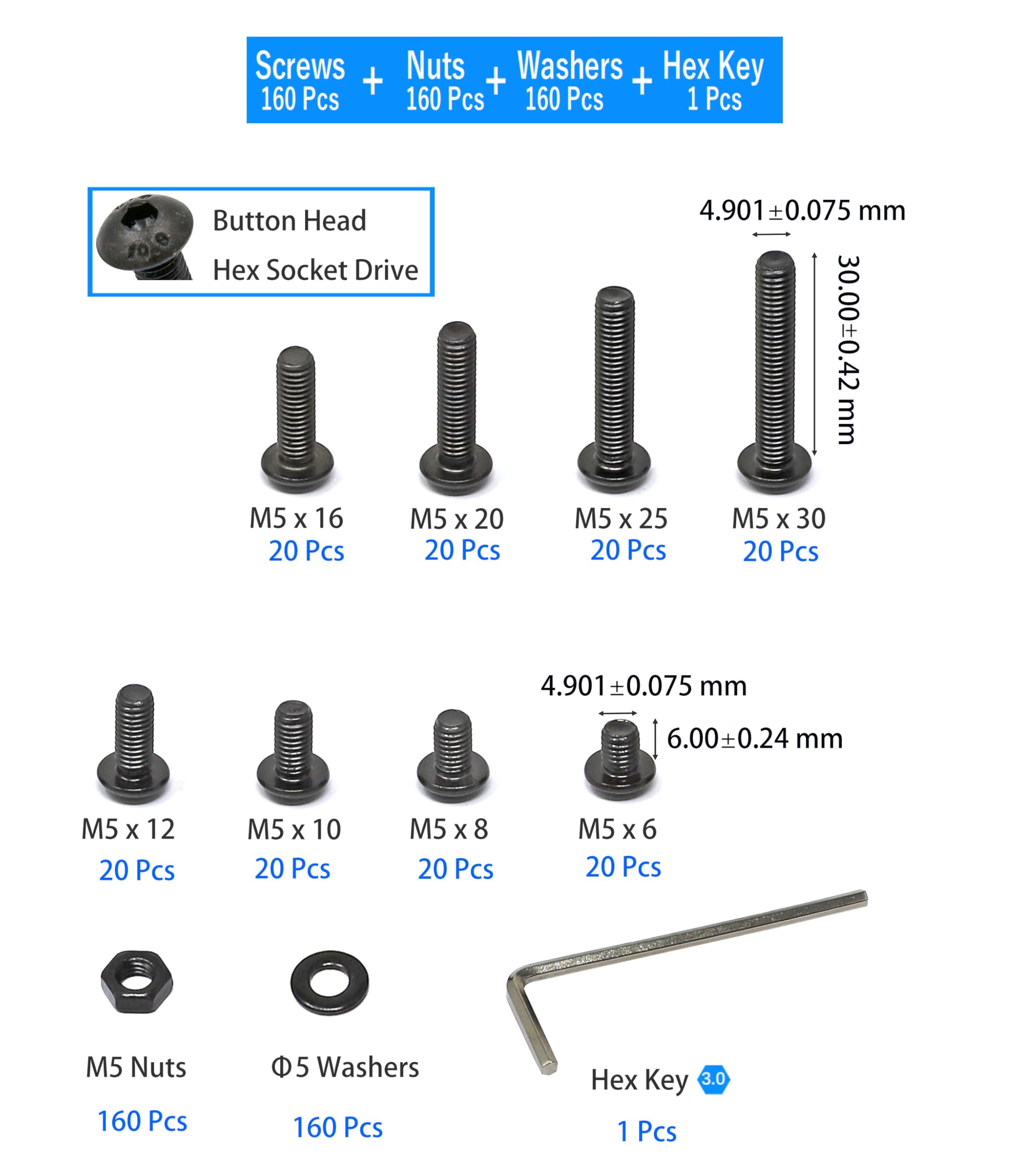iexcell 480 Pcs M5 x 6/8/10/12/16/20/25/30 Alloy Steel 10.9 Grade Hex Socket Button Head Cap Screws Bolts Nuts Assortment Kit, Black Oxide Finish