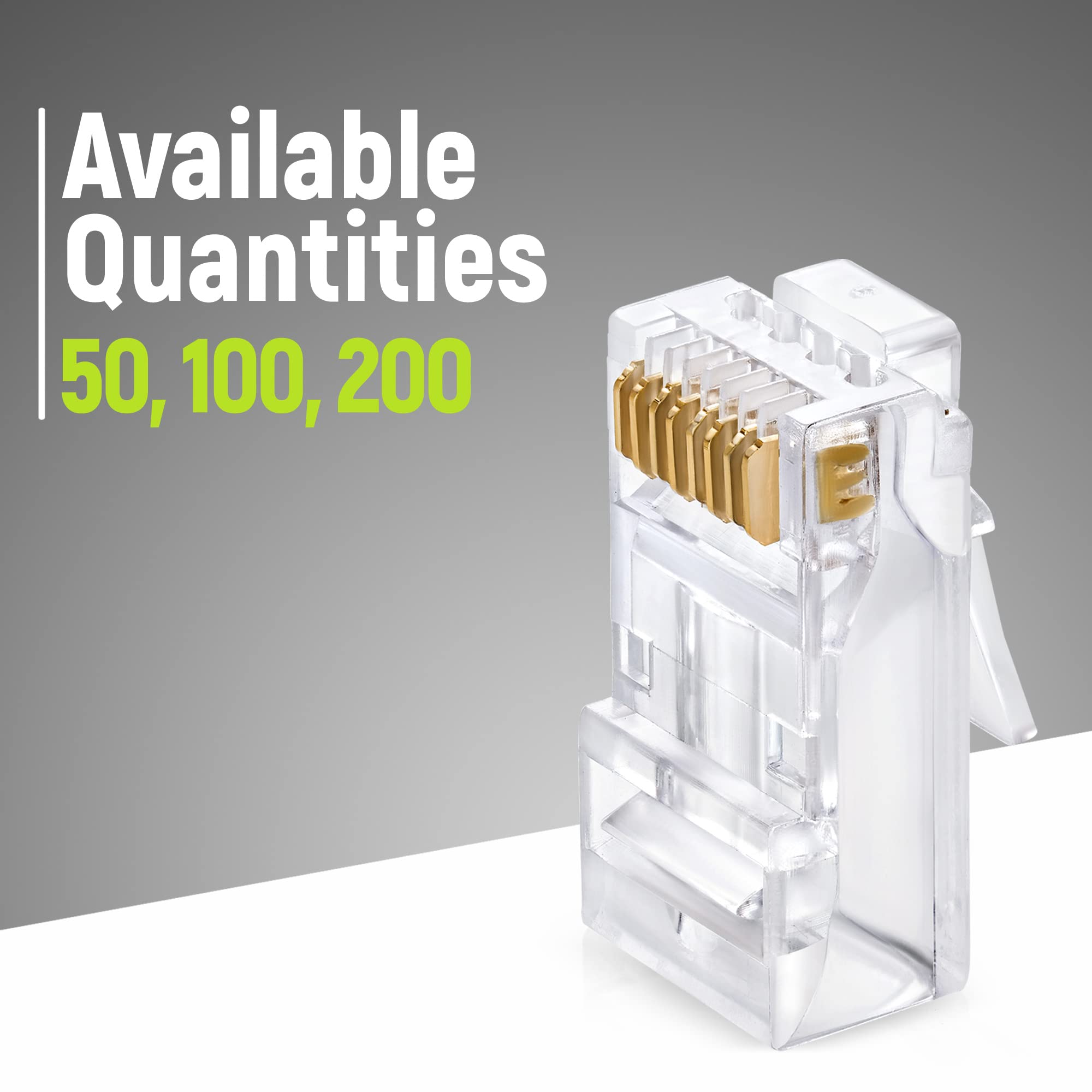 GTZ RJ45 Cat6/6a Pass Through Connectors for a Thick 23 AWG Large Diameter UTP Network Cable, 100 Pcs | Insert Guides Included