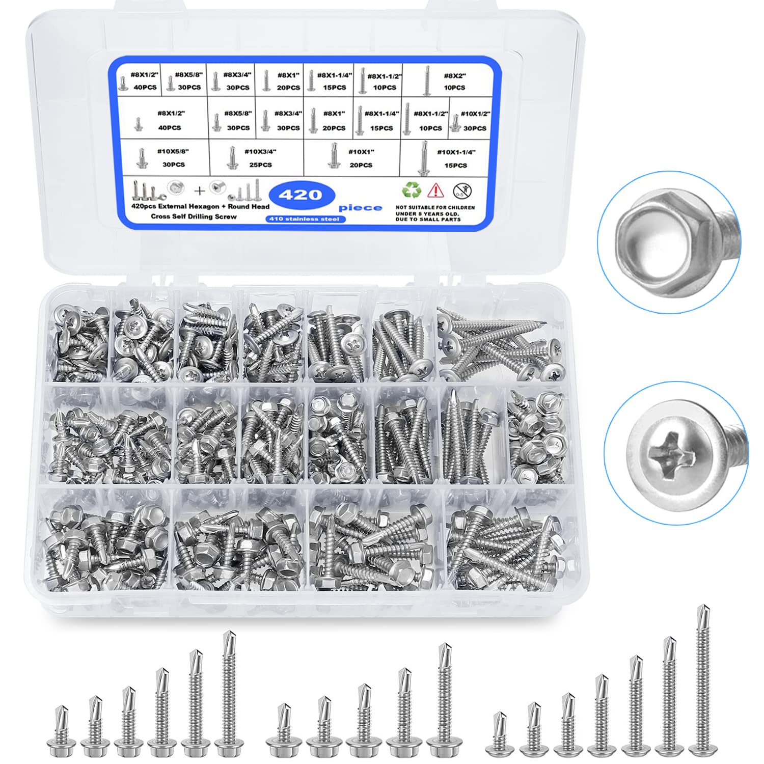 Self Drilling Screws, 420pcs Self Tapping Screws for Metal 410 Stainless Steel Sheet Metal Screws #8#10, CGBOOM Wafer Head&Washer TEK Head Screws for Building and Repair