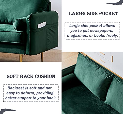 SLEERWAY Velvet Couch with 2 Small Pillows, Modern Loveseat Sofa Twin Size Contemporary Sofas for Living Room and Bedroom (Green)