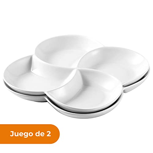 Bruntmor 8.5 inch Ceramic 4-Section Stackable Serving Tray in White, Set of 2 Appetizer, Snack, Dessert Platters | Reusable, Perfect for Dinner Party, BPA-Free, Oven and Dishwasher Safe
