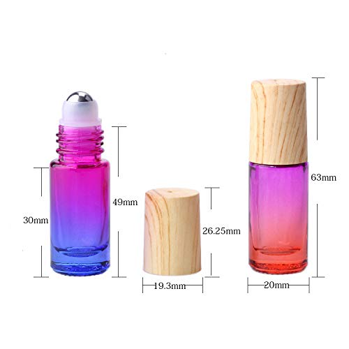 5pcs 5ml(1/6 oz) Essential Oil Roller Bottles,Metal Roller Balls Colorful Gradient Oils Roll on Bottles with Wood Grain Cap Glass Empty Refillable Fragrance Perfume Essential Oil Glass Roller Bottles