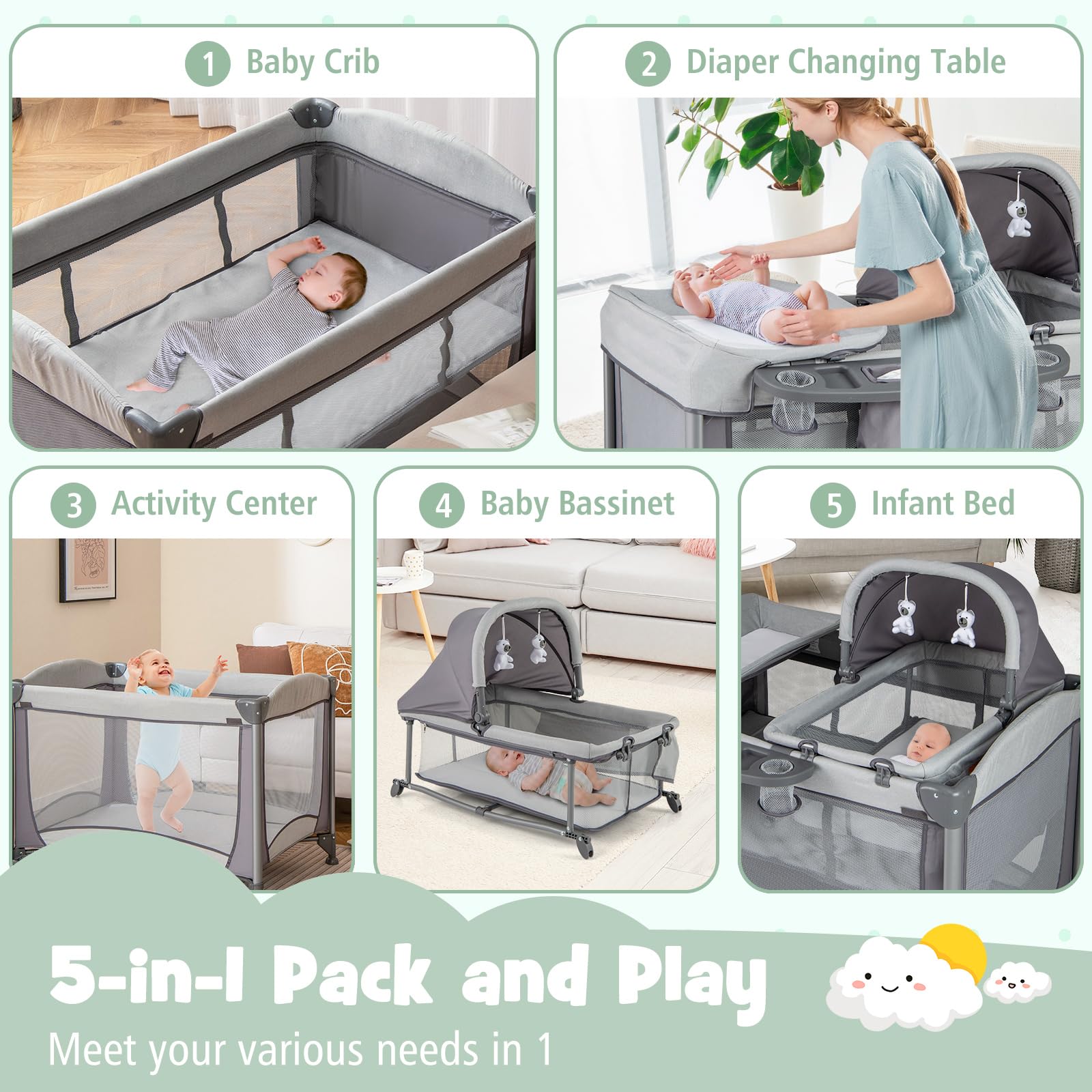 HONEY JOY Pack and Play with Bassinet, 4-in-1 Baby Playard with Changing Table & Removable Infant Full-Size Bassinet, Diaper Storage Basket & Music, Foldable Nursery Center w/Carry Bag (Gray)