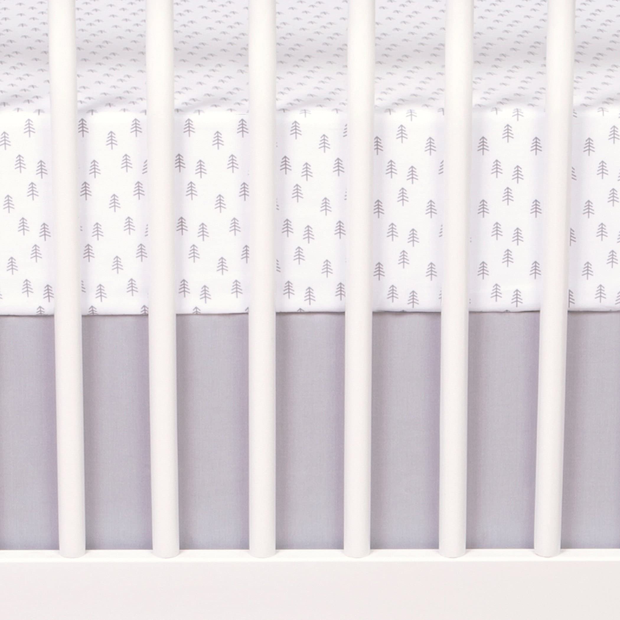Trend Lab Modern Baby Crib Bedding Set for Boys or Girls | Simple Forest 4 Piece Nursery Décor Quilt, 2 Fitted Crib Sheets, and Dust Ruffle Skirt - Grey, 80025