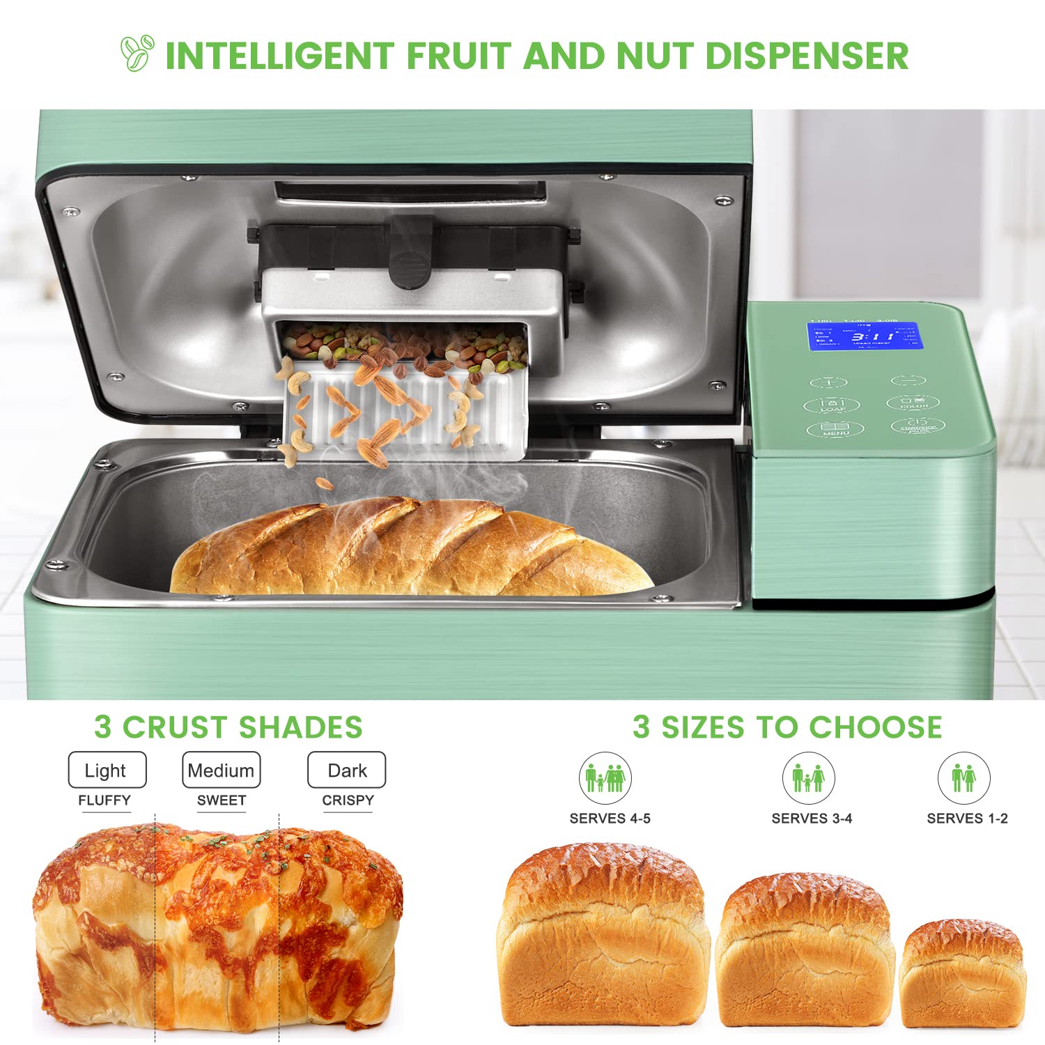 17-in-1 Bread Maker with Dual Heaters, 2.2LB Larger Bread Machine With Non-Stick Ceramic Pan & Auto Fruit Dispenser, Full Stainless Steel Bread Maker Machine Full Touch Panel, 15H Timer & Keep Warm