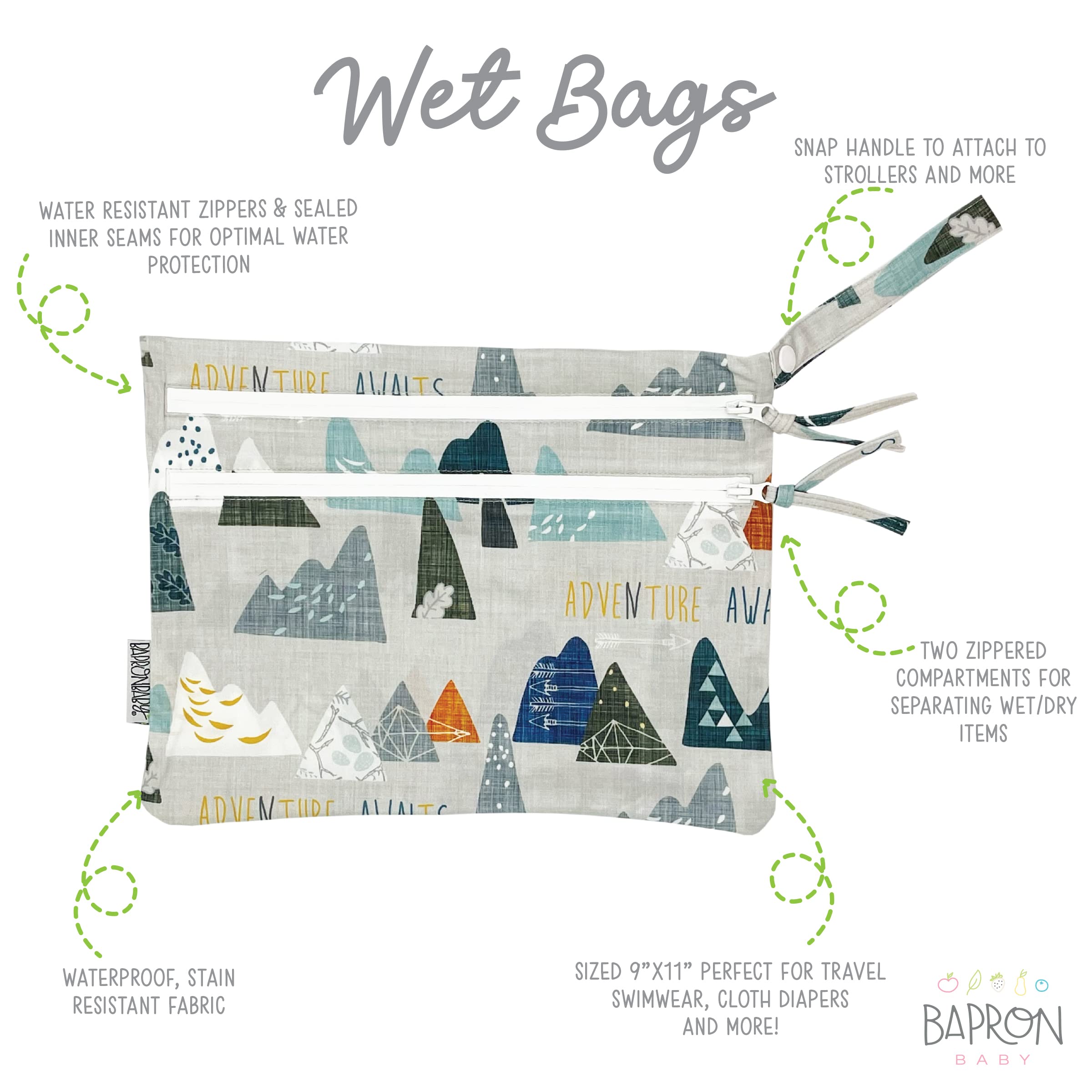 BapronBaby Adventure Awaits Wet Dry Bag - Waterproof Two Zipper Pockets - Reusable for Mealtime, Diapers, Stroller, Snacks, Swimsuits - Machine Washable - 11" x 9"