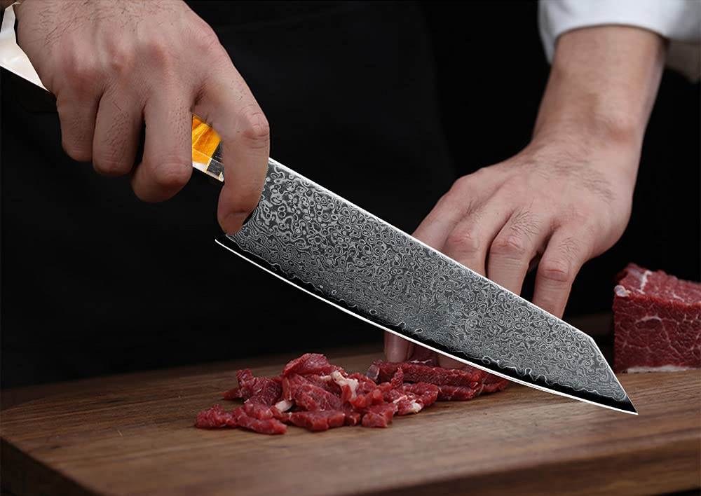 I.B.O Damascus steel kitchen knife 8 inch Japanese chef kitchen knife stabilized wood resin cured wood octagonal handle