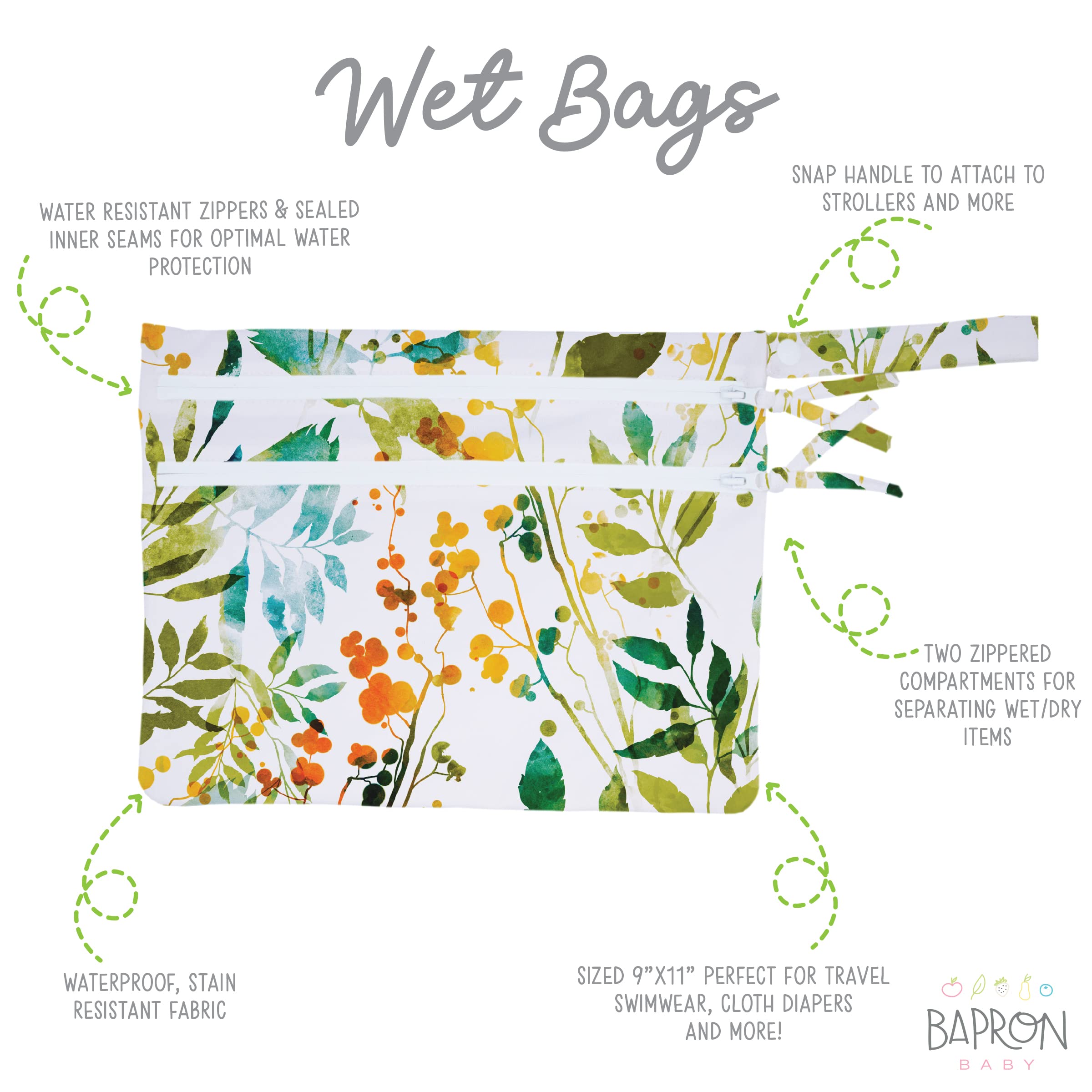 BapronBaby Autumn Leaves Wet Dry Bag - Waterproof Two Zipper Pockets - Reusable for Mealtime, Diapers, Stroller, Snacks, Swimsuits - Machine Washable - 11" x 9"