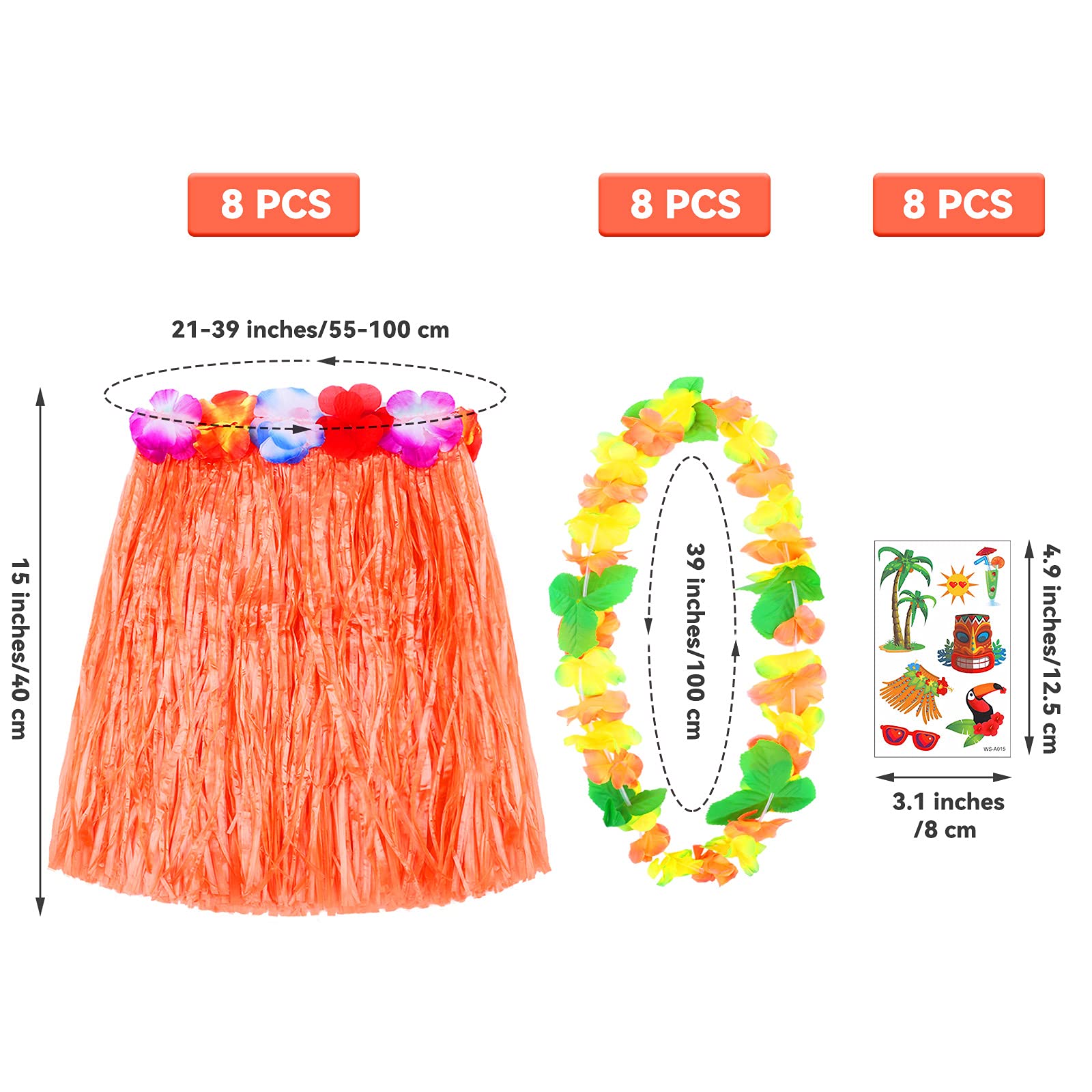 Elcoho 24 Pack Hawaiian Leis Set 8 Pack Hawaiian Grass Skirt 8 Pack Hawaiian Necklaces and 8 Pack Luau Temporary Tattoos for Hawaiian Party Decorations