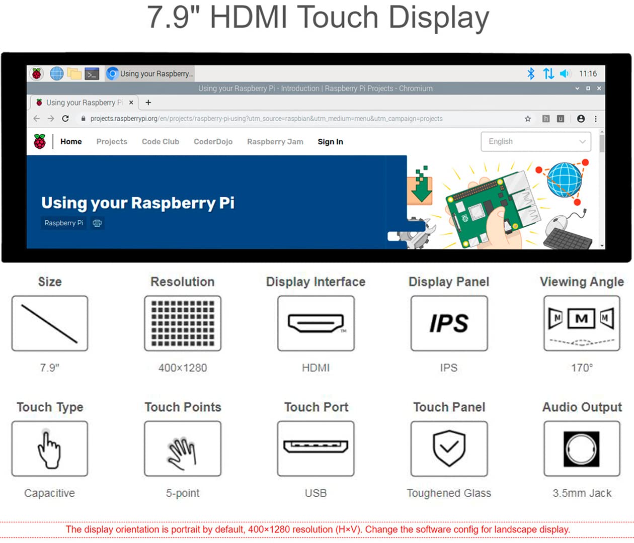 7.9inch Capacitive Touch LCD 400×1280 Pixel IPS Screen HDMI Interface 5-Points Toughened Glass Driver Free for All Raspberry Pi 4B/3B+/3B/2B/Zero/Zero W/Zero WH and Jetson Nano Windows 10/8.1/ 8/7