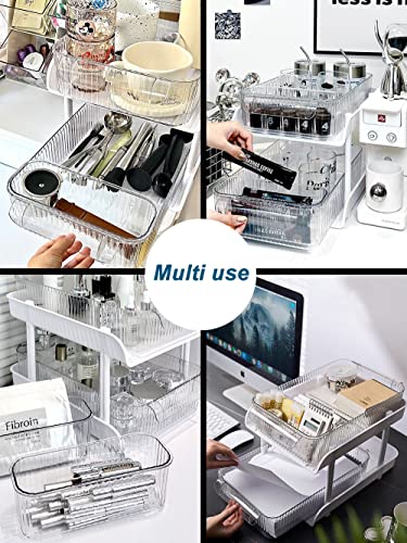 2 Tiers Under Sink Organizers And Storage, Plastic Storage Basket Drawers With Handle, White Multi-Purpose Pull Out Cabinet Organizer Shelf, Counter Organizing Tray For Kitchen, Office, Bathroom