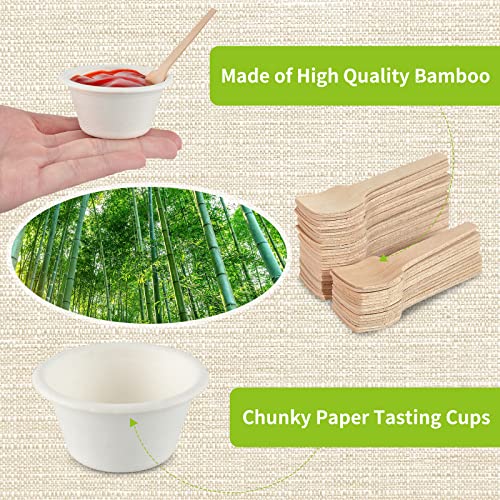 100 Set 2 oz Portion Cups Paper Souffle Portion Cups with Wooden Spoons Disposable Chili Cook Off Sample Cups for Party Supplies (100)