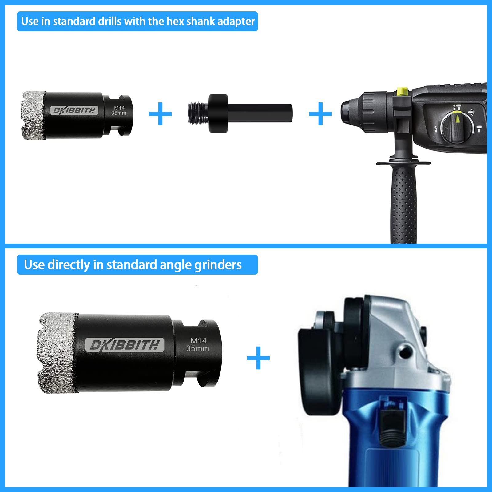 Dry Diamond Core Drill Bits 1-3/8 Inch (35mm) Tile Hole Saws for Porcelain Ceramic Tile Marble Brick Hole Saw with 5/8-11 Thread Plus 3/8 Inch Hex Shank Adapter