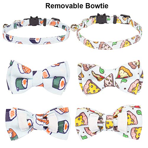 ADOGGYGO Cat Collar Breakaway with Cute Bow Tie Bell - 2 Pack Kitten Collar with Removable Bowtie Sushi Donuts Hamburg Pizza Pattern Cat Bow tie Collar for Cat Kitten (Pizza & Sushi)