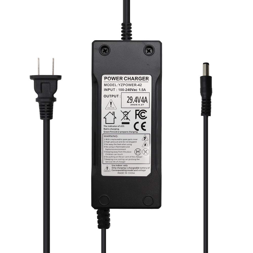 29.4V 4A AC/DC Power Adapter Charger 24V 4A for 24V 7S Lithium Li-ion Battery, 5.5x2.1mm DC Plug with 5.5 * 2.5mm Tip