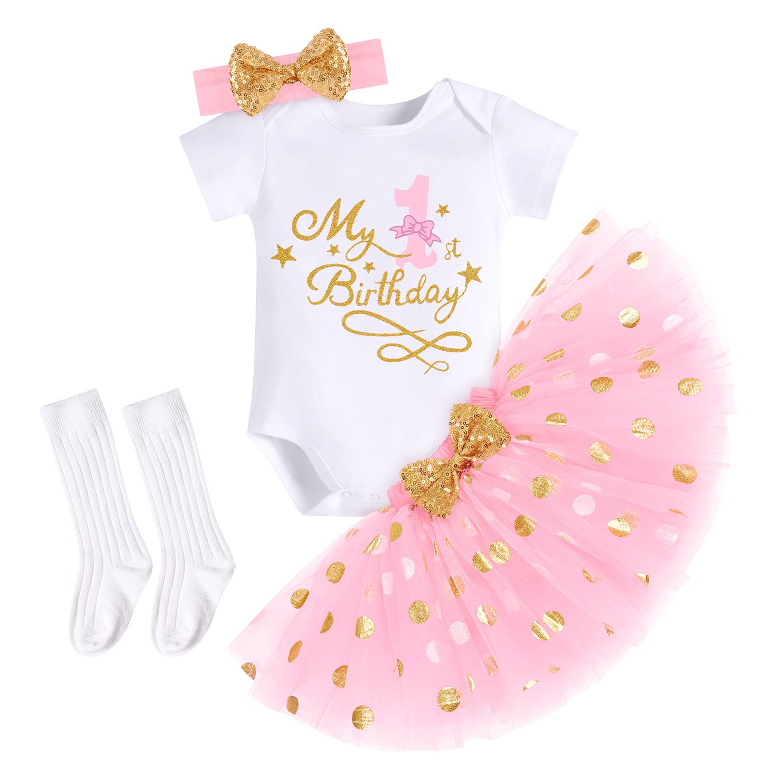 Mini Polka Dots It's My 1/2 /1st /2nd/3rd Birthday 4 Piece Outfits for Cake Smash Romper Bodysuit Tutu Skirt Set Headband Socks Formal Baptism Christening Dance Evening Ball Gown Pink-1st 1T