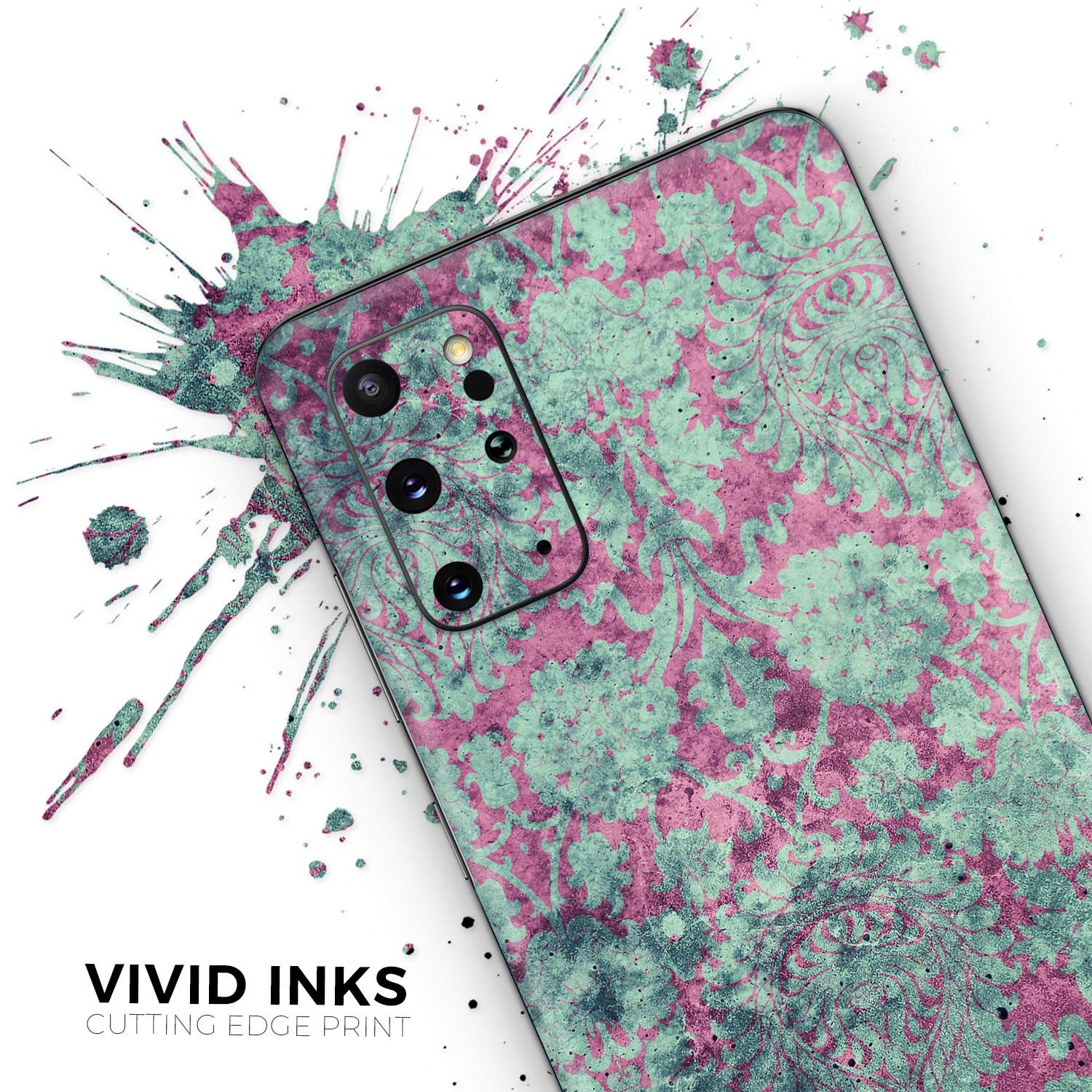 DesignSkinz Grungy Teal and Pink Damask Pattern Protective Vinyl Decal Wrap Skin Cover Compatible with The Samsung Galaxy S20 (Screen Trim & Back Glass Skin)