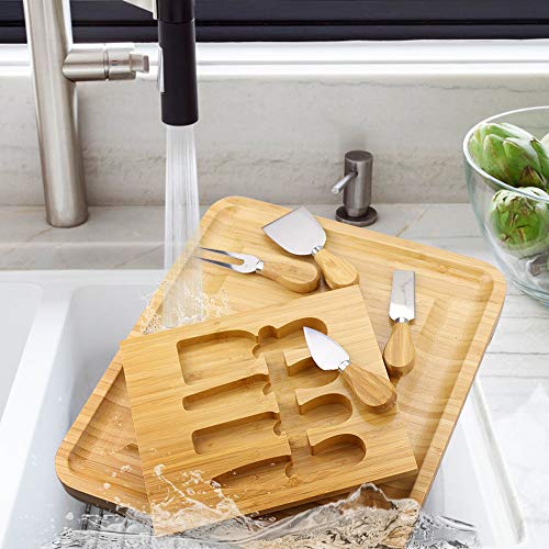 Bamboo Cheese Board and Knife Set, sungwoo Wood Charcuterie Servering Boards Set, Charcuterie Board Accessories, Cheese Plates, for Christmas Women Housewarming Day Wedding Thanksgiving