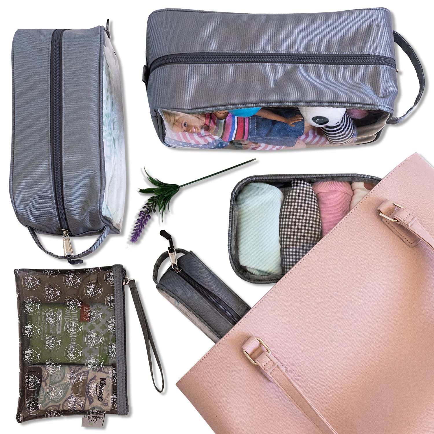 Gingko Baby Supa Tough Diaper Bag Organizing Pouches Set of 5 - Premium Quality Clear Organizer Inserts - Versatile Wipe Clean Baby Packing Cubes - Nursery and Travel Organization (Silver Grey)