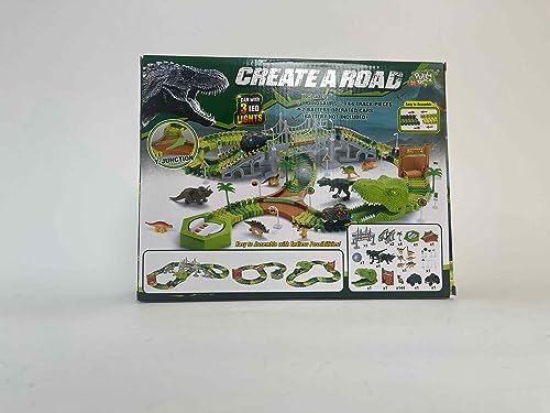 174 PCS Flexible Dinosaur Train Tracks and Race Cars Playset with 8 Dinosaurs Figures, Electric Vehicles, Lights - Create Road Racing World for Toddlers and Kids