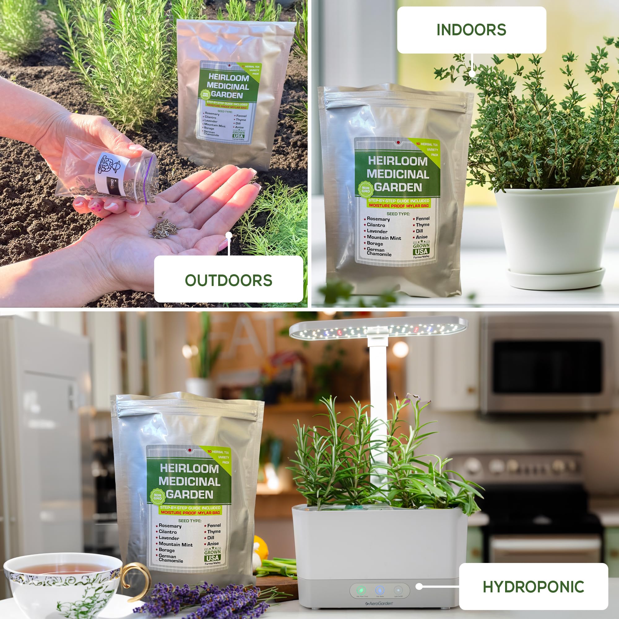 10 Medicinal Herb Seeds - Heirloom, Non GMO, USA Made - 2050 Most Needed Herbal and Medical Tea Seeds Pack for Planting Indoors and Outdoors - Lavender, Mountain Mint, Chamomile & More
